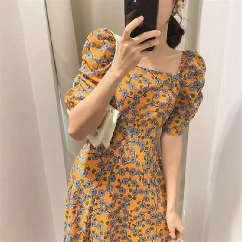 Jual Korean Dress Pendek Lengan Bunga-Bunga Oren Gaya Korea Wanita ...