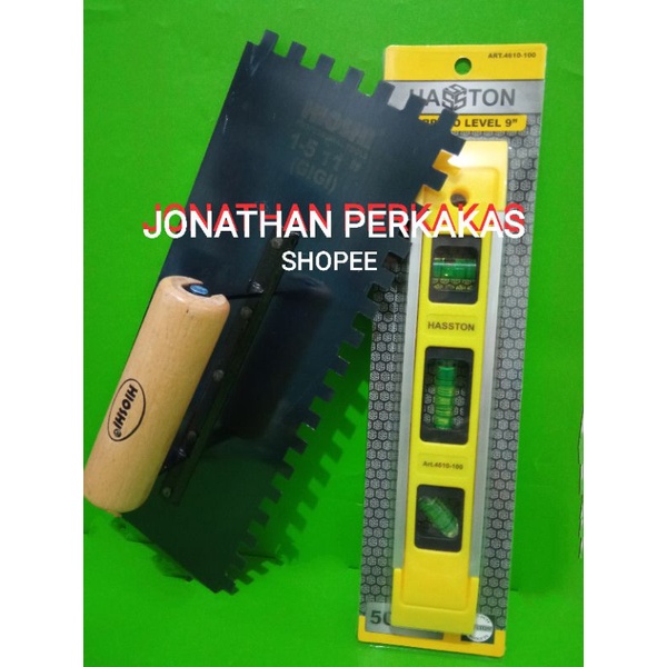 Jual paket trowel gigi hioshi+ waterpas torpedo 9" haston/ set waterpas ...