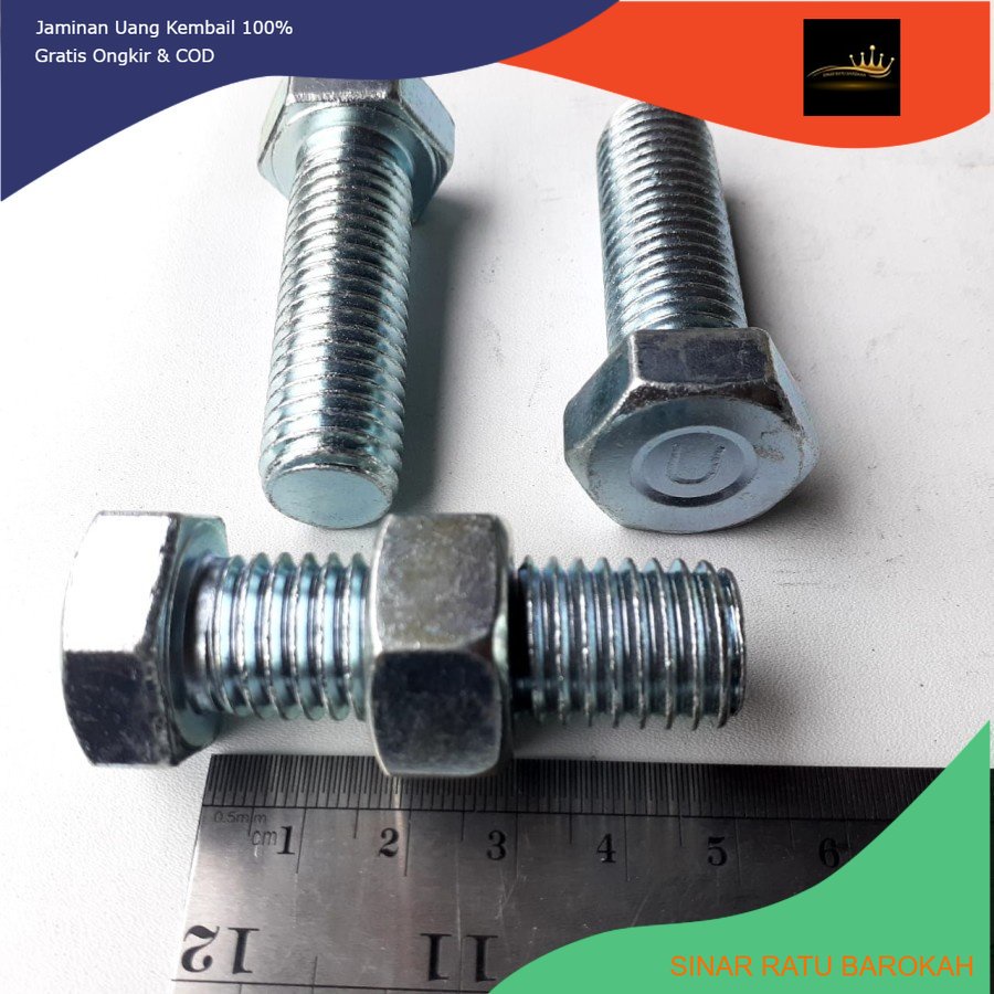 Jual BAUT MUR PUTIH M14 X 50 PANJANG 5CM 5 CM GALVANIZ GALNANIS GALPANIS / BMP M14X50 / BAUT ...