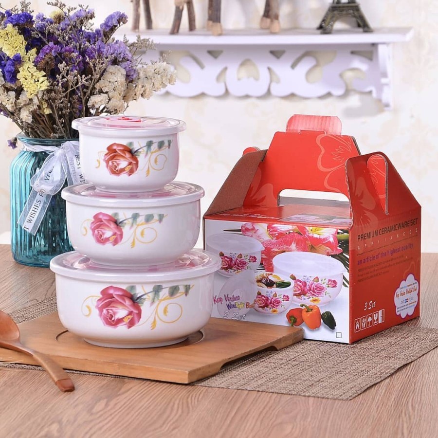 Jual MANGKOK PORCELAIN CERAMIC SET 3PCS MANGKUK DENGAN TUTUP 3IN1 ...