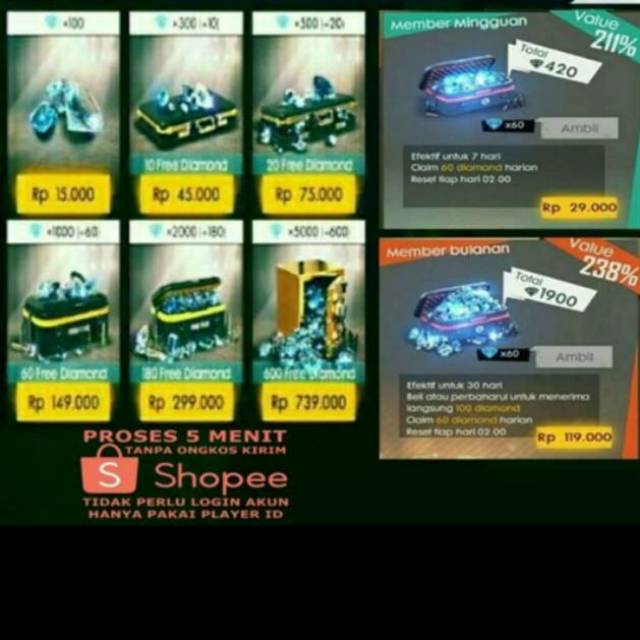 Jual DM FF / Diamond & Membership Free Fire (Tanpa Login) | Shopee ...