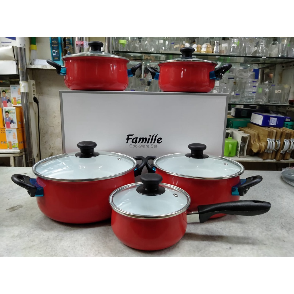 Jual FAMILY COOK WARE panci set enamel + tutup 5 set merah | Shopee ...