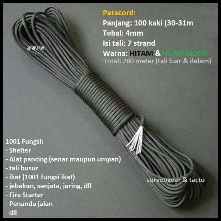Jual Tali survival Paracord militer 31 meter 7 strand tebal 4mm - Hitam ...