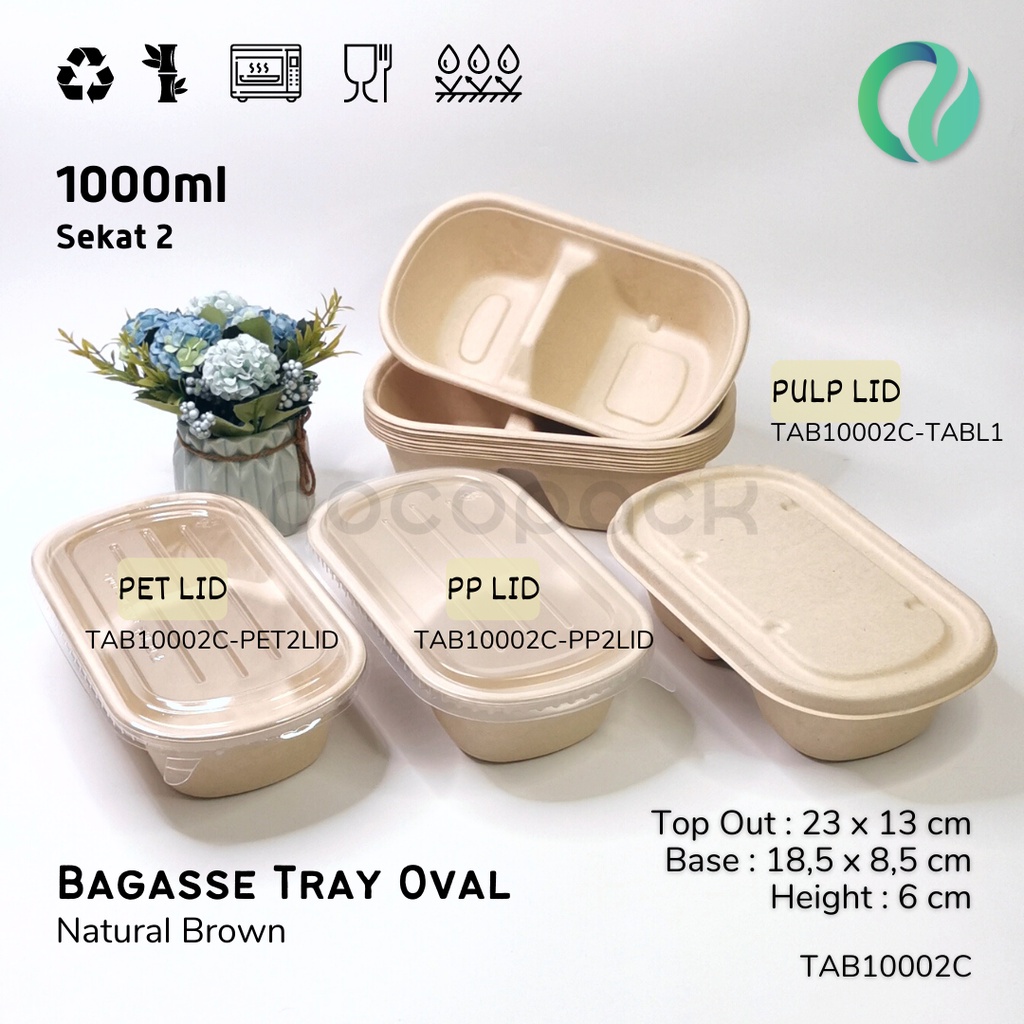 Jual Bagasse Oval 1000ml Sekat 2 dan Tanpa Sekat Tutup PET/PP 10 PCS | Shopee Indonesia