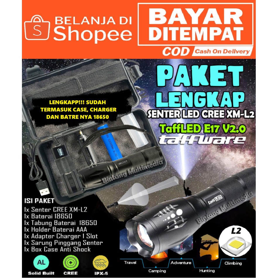 Jual Senter Tactical Taffware LED E17 LED XML T6 8000Lumens-PAKET LENGKAP | Shopee Indonesia