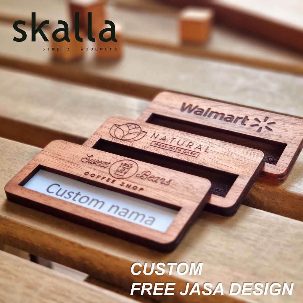 Jual name tag reusable kayu badge papan nama dada wooden nametag custom ...