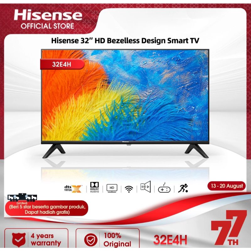 Jual Hisense 32E4H - 32 inch Vidaa Smart HD TV-Bezelles design-Dolby Vision& Audio-HDMI | Shopee ...