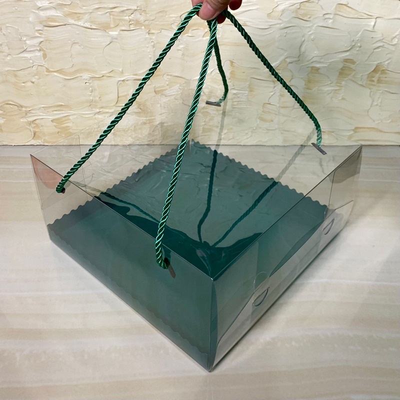 Jual (MIN 5pcs)Transparent Box Green Base & Handle - Box Kue Mika Alas ...