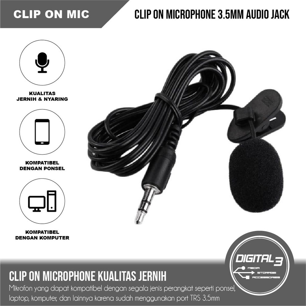 Jual Mic External Clip On Microphone Connector 3.5mm Aux 1.5 Meter Vlog ...