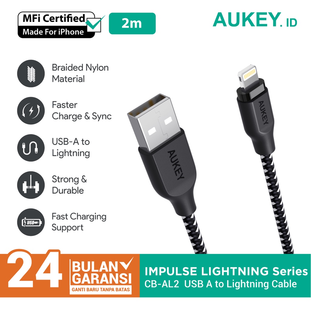 Jual Aukey Cable CB-AL2 2M Lightning Braided MFI Apple Black - 500212 | Shopee Indonesia