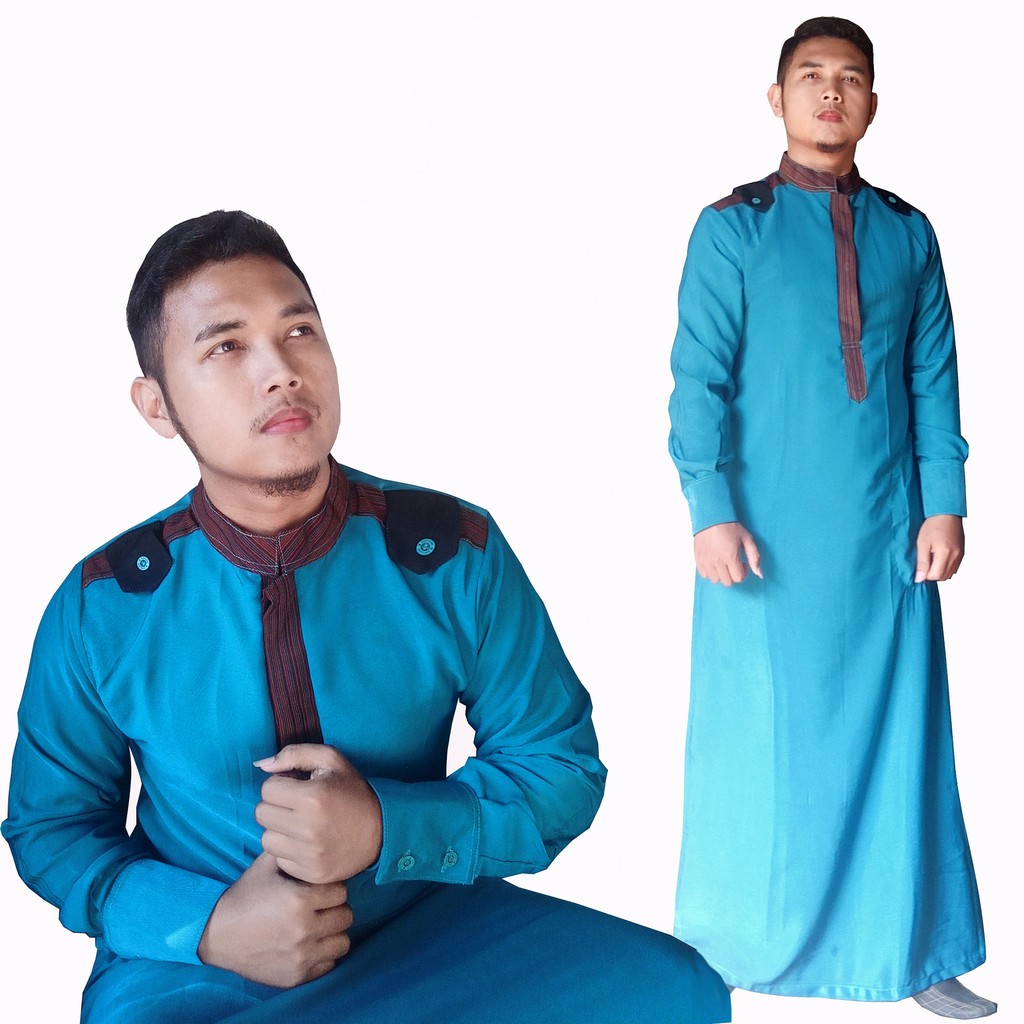 Jual Gamis Pria Hisan Modern warna Tosca kombinasi Lurik | Shopee Indonesia