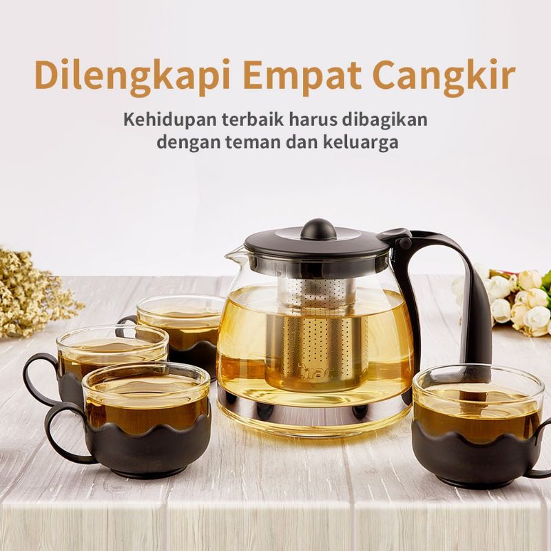 Jual MINISO Teko Set Teapot Kaca Set 5 In 1 (1 Teko dengan saringan & 4 ...