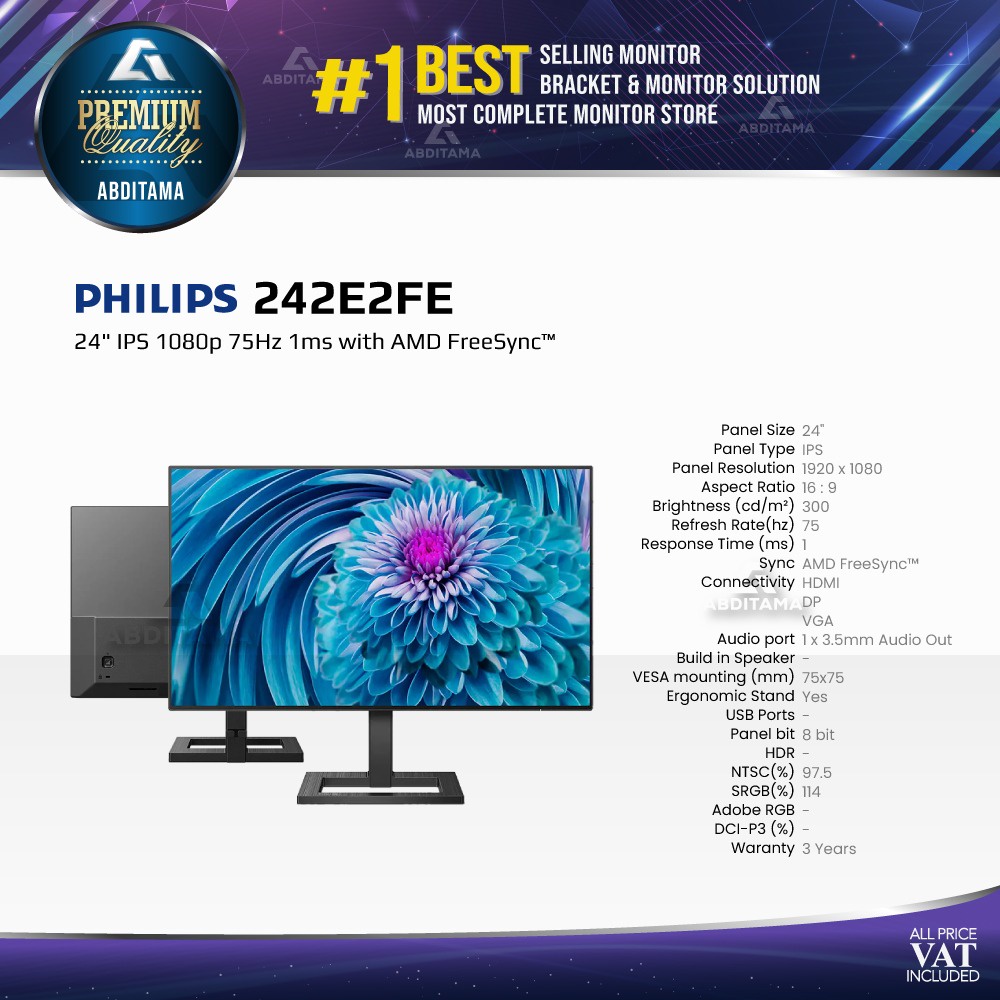 Jual Monitor LED Philips 242E2 242E2FE 24" IPS 1080p 75Hz VGA HDMI DP ...