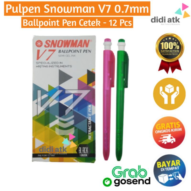 Jual Ballpoint Pen Snowman V7 0.7mm / Pulpen Pena Cetek Hitam 12 Pcs ...