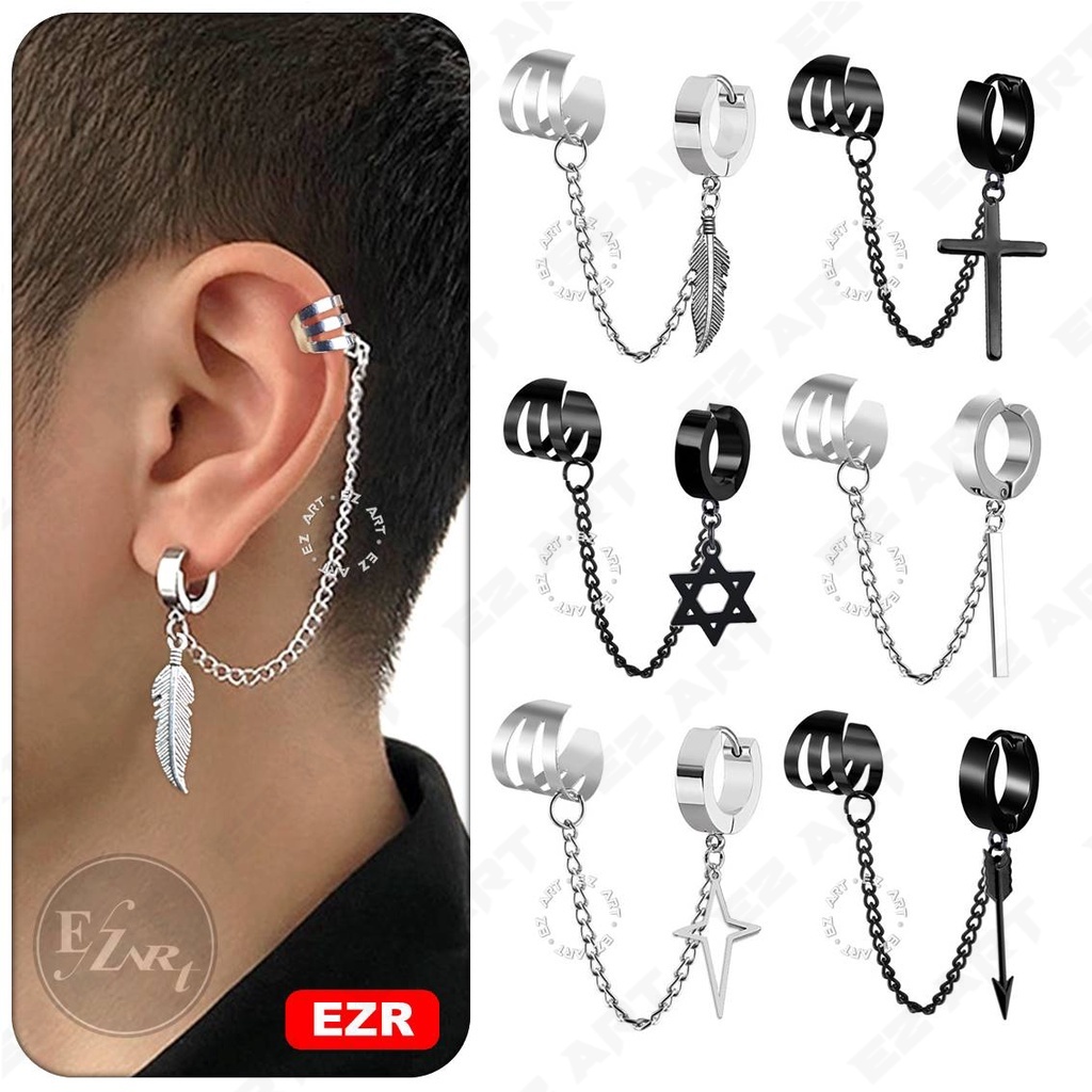 Jual EZR - ANTING KPOP FASHION COWOK EAR CLIP SAMBUNGAN RANTAI SILVER ...