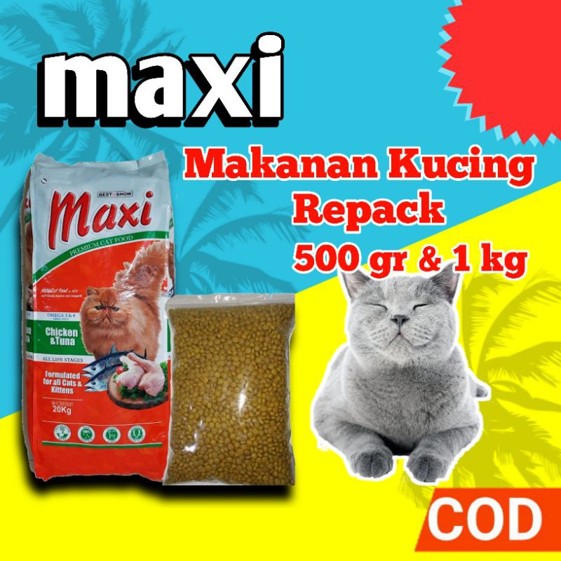 Jual Makanan Pakan Kucing Kering Maxi Maxy Chicken dan Tuna Cat Food ...