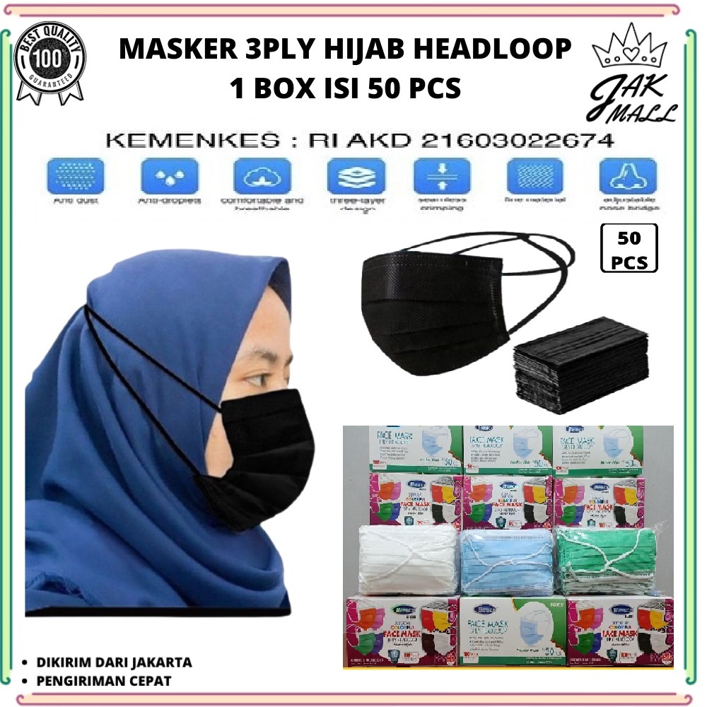 Jual Masker 3ply Hijab Headloop Face Mask 3 Ply Warna Warni Import JM ...