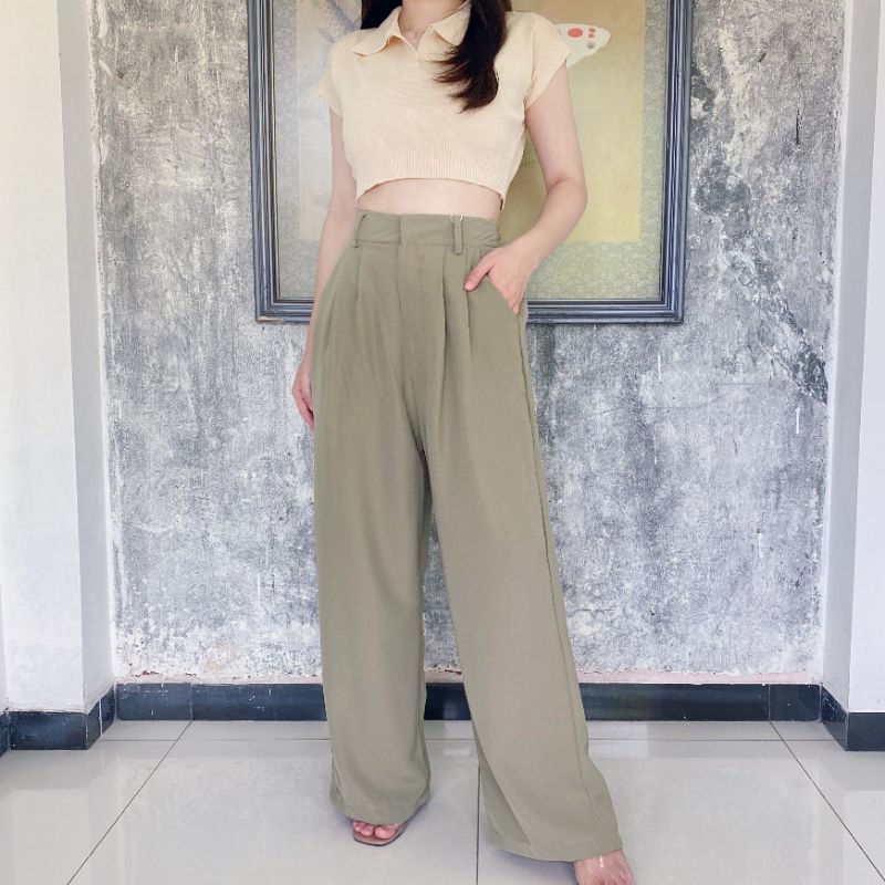 Jual Celana Kulot Katun Wanita Celana Anti Kusut High Waist Loose Pants ...