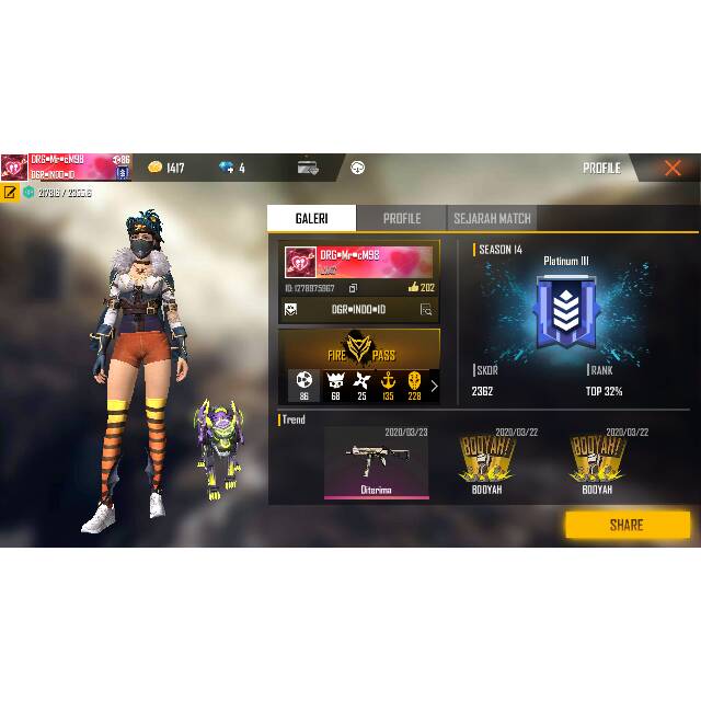 Jual Jual akun FREE FIRE elit pas 4 kali senjata loby lumayan vault ...