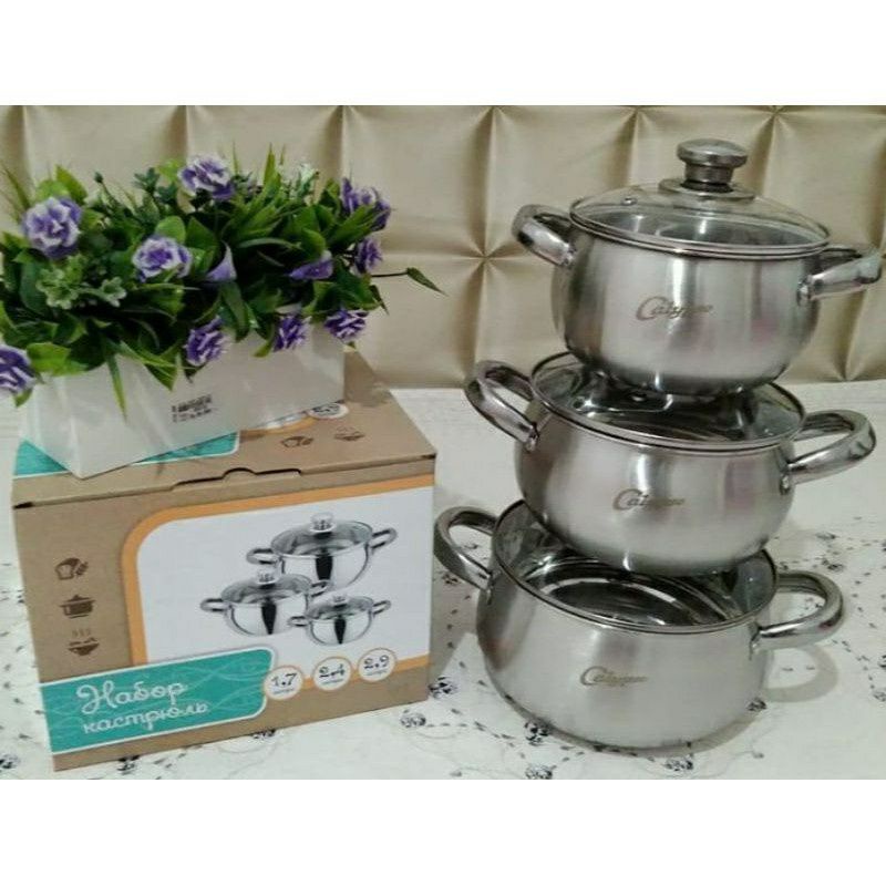 Jual CALYPSO 3pcs Panci Set Stainless Steel Tutup Kaca & 2pcs Cookware ...