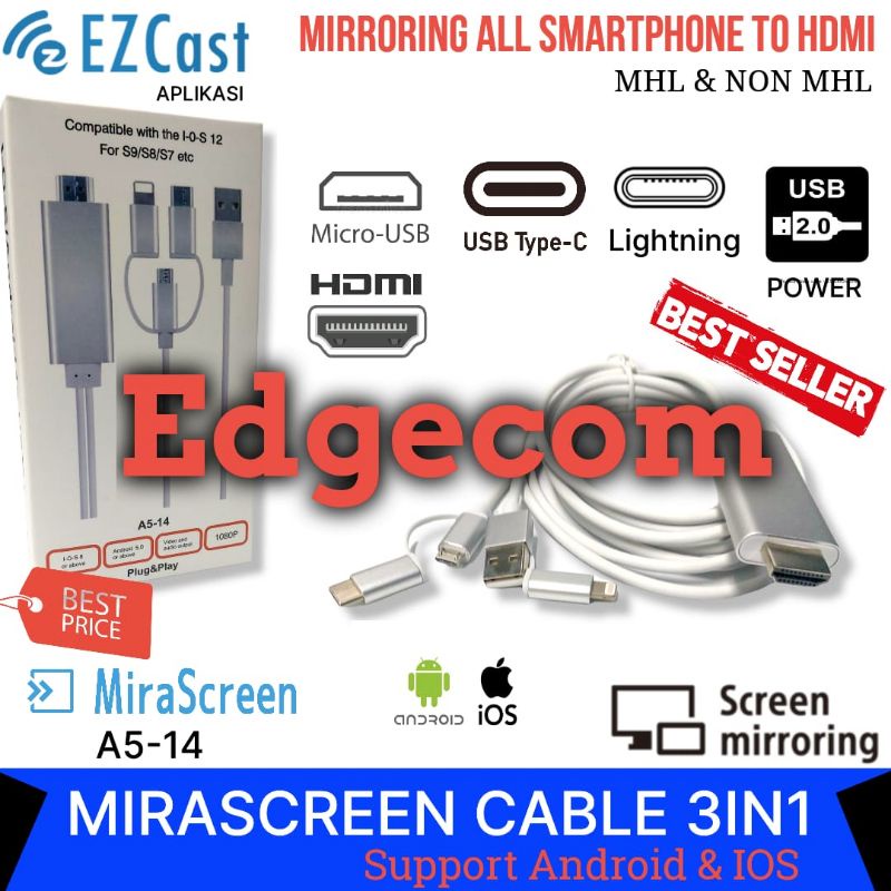 Jual Kabel Mirascreen 3in1 All Smartphone to Hdmi Support MHL/NON MHL ...