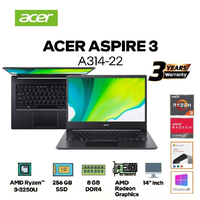 Jual ACER Aspire 3 Slim A314-22-R3RG [14"HD/Ryzen 3-3250U/8GB/SSD 256GB/Windows 11+OHS/BLACK ...