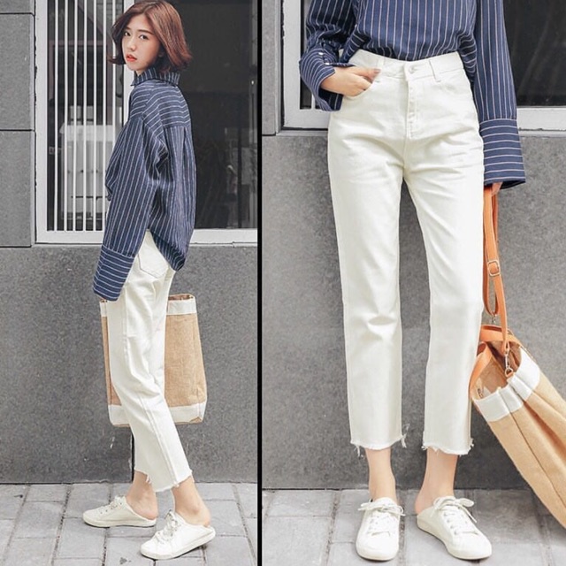 Jual Boyfriend Jeans Unfinish Cut Off White | Shopee Indonesia