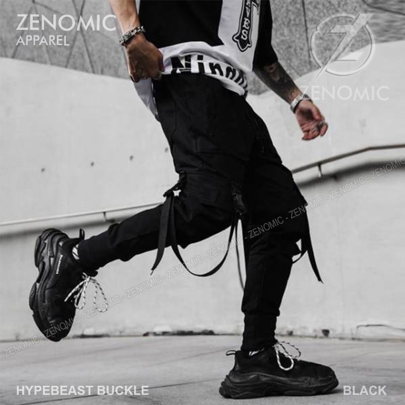 Jual Celana Panjang Techwear Cyberpunk Cowok Hypebeast Zenomic Buckle Black Sweatpants Cargo ...