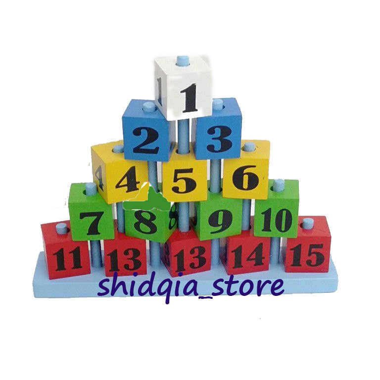 Jual Mainan Kayu Edukasi Menara Balok Susun Piramid hijaiyah, angka dan ...