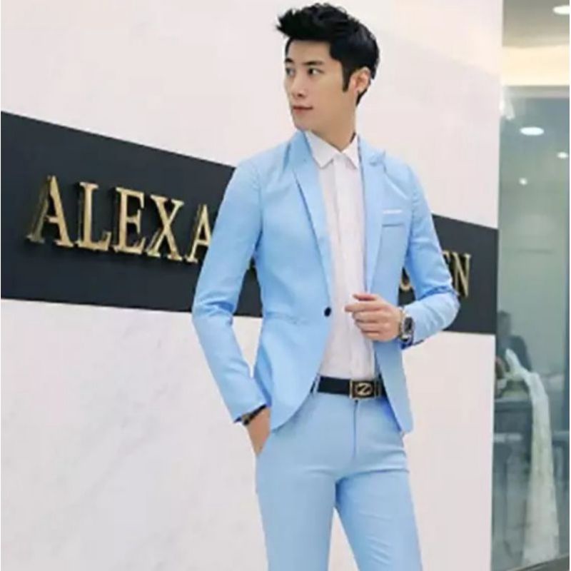 Jual Jas Pria Formal Biru Muda / Blazer Pria Biru muda Style Korea ...