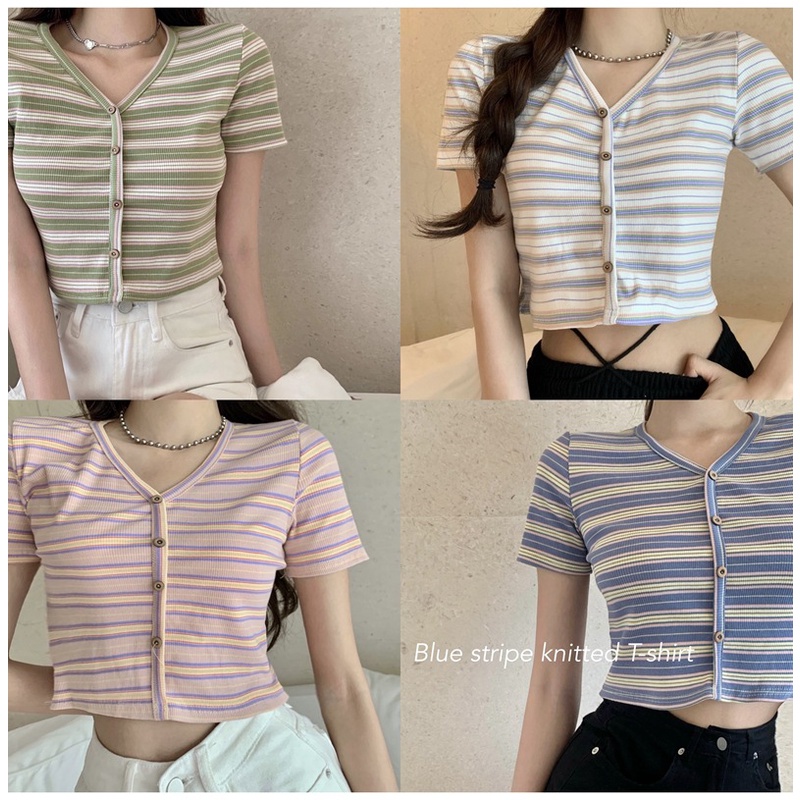 Jual BAJU ATASAN CROP TOP WANITA MOTIF GARIS V-NECK KANCING DEPAN CUTE KOREAN T-SHIRT KAOS ...