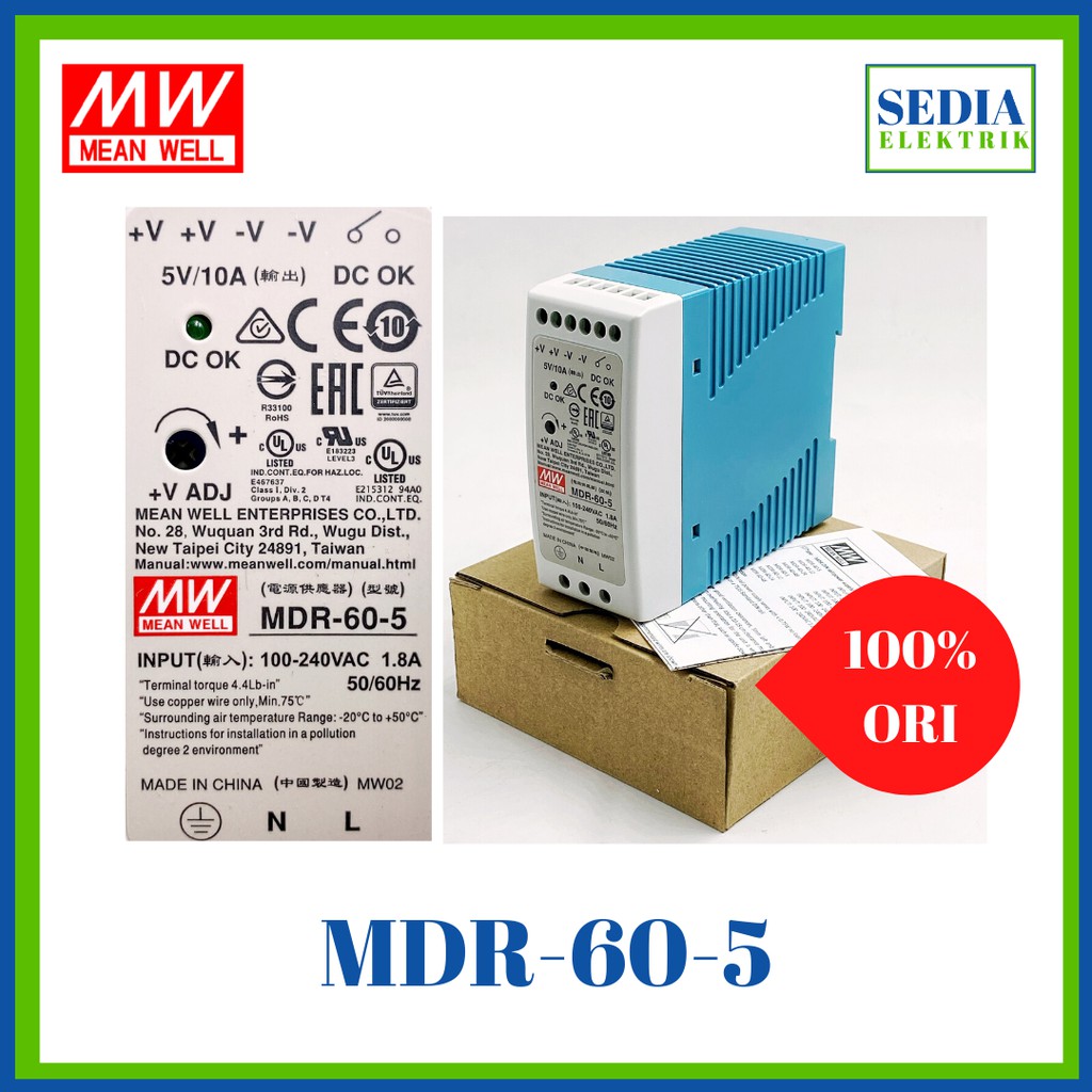 Jual POWER SUPPLY DIN RAIL MEAN WELL MDR-60-5 MDR 60 5 MDR60 5 | Shopee ...