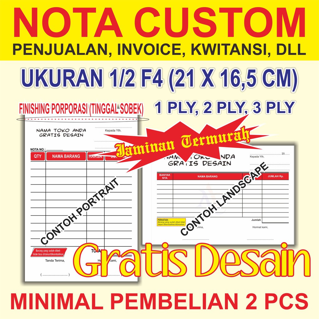 Jual Nota 1/2 F4 Bahan NCR 1,2,3 PLY (Free Desain Suka-suka) | Shopee ...