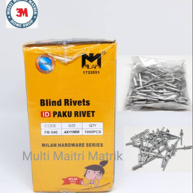 Jual Paku rivet 4 x 11 mm 540 / blind rivet 4 x 11mm 540 isi 100pcs ...