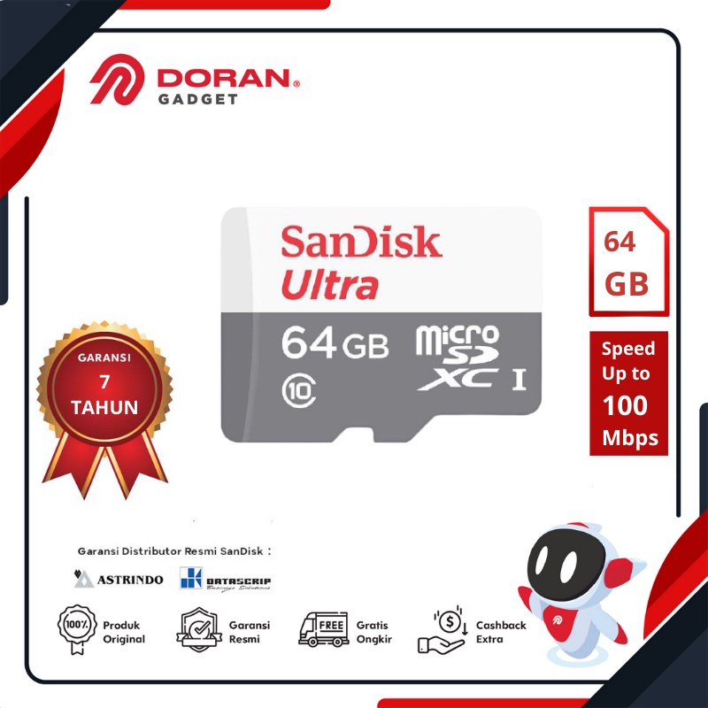 Jual Micro SD 64GB Sandisk CL10 100Mbps - Garansi Resmi 7 Tahun ...