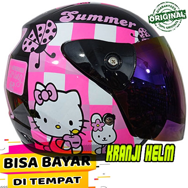 Jual Helm / Half face / Helm jm evo hello kitty black pink kaca pelangi ...