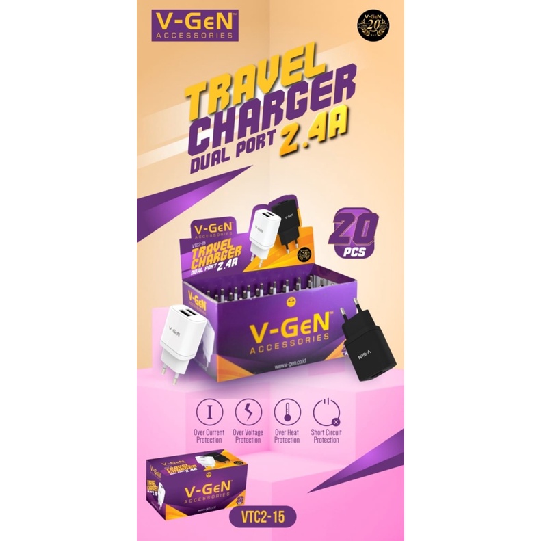 Jual Adaptor Charger Batok Vgen USB 2 Port VTC2-15 1 Box isi 20 pcs - 1 ...