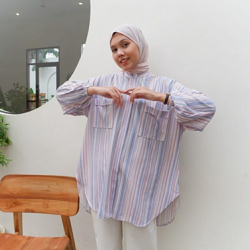 Jual BHO - ZSO OOTD Kemeja SONIRA / Sierra Candy Stripe Tunik XL / Atasan Kemeja Salur Wanita ...