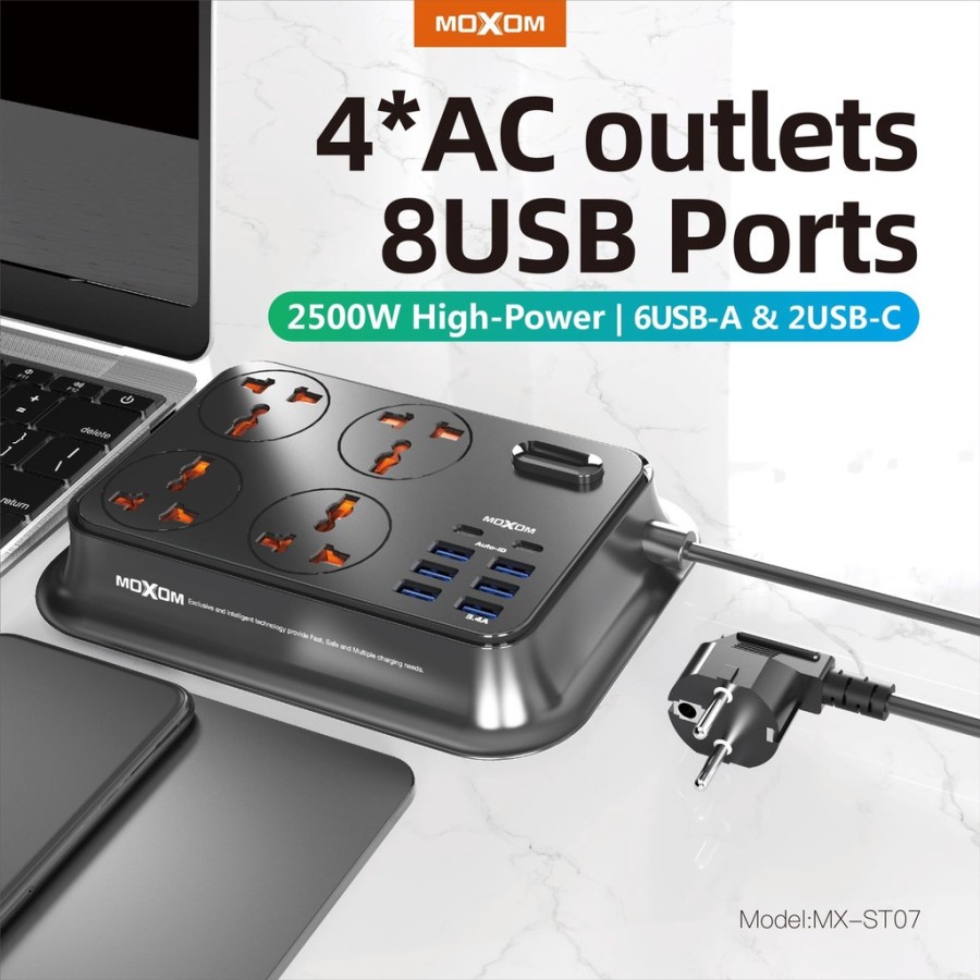 Jual Stop Kontak MOXOM Smart Power Socket 3.4A 6 USB Ports MX-ST07 | Shopee Indonesia