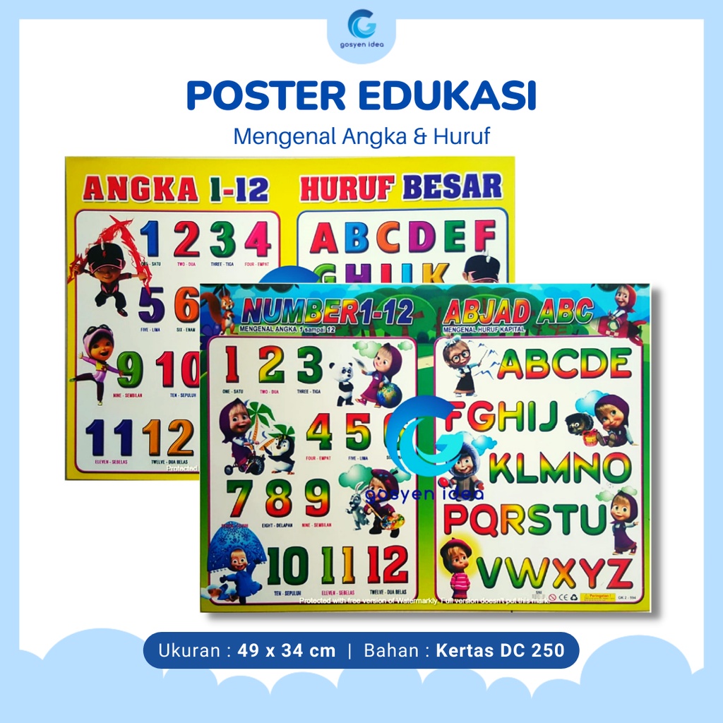 Jual Poster Pendidikan Edukasi Anak Belajar Angka 1-12 dan Huruf Besar ...