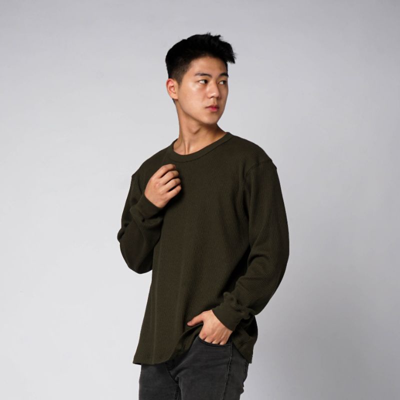 Jual Waffle Crewneck Long Sleeve Army / Crewneck Pria / Crewneck Rajut ...