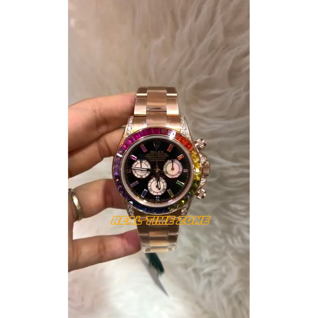 Jual JAM REAL ROLEX DAYTONA RAINBOW ROSEGOLD SWISS ETA CLONE 904L ...