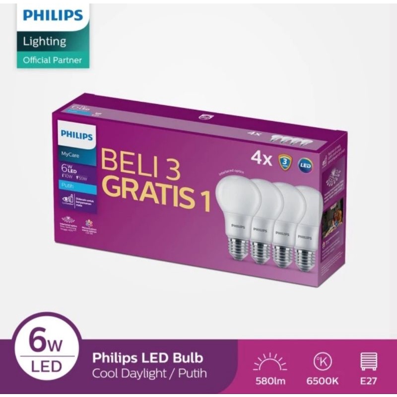 Jual Lampu LED Bulb Philips Multipack 3+1 Cool Daylight 6Watt , 8Watt ...