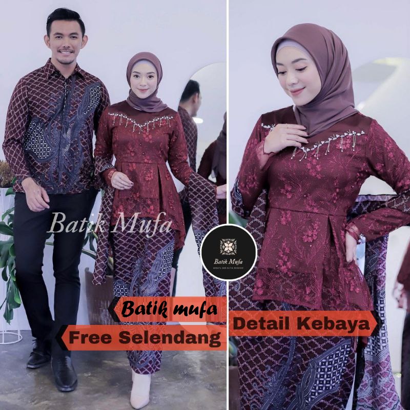 Jual Kebaya batik couple KALENA Maroon (GRATIS HIJAB) KEBAYA MODERN ...