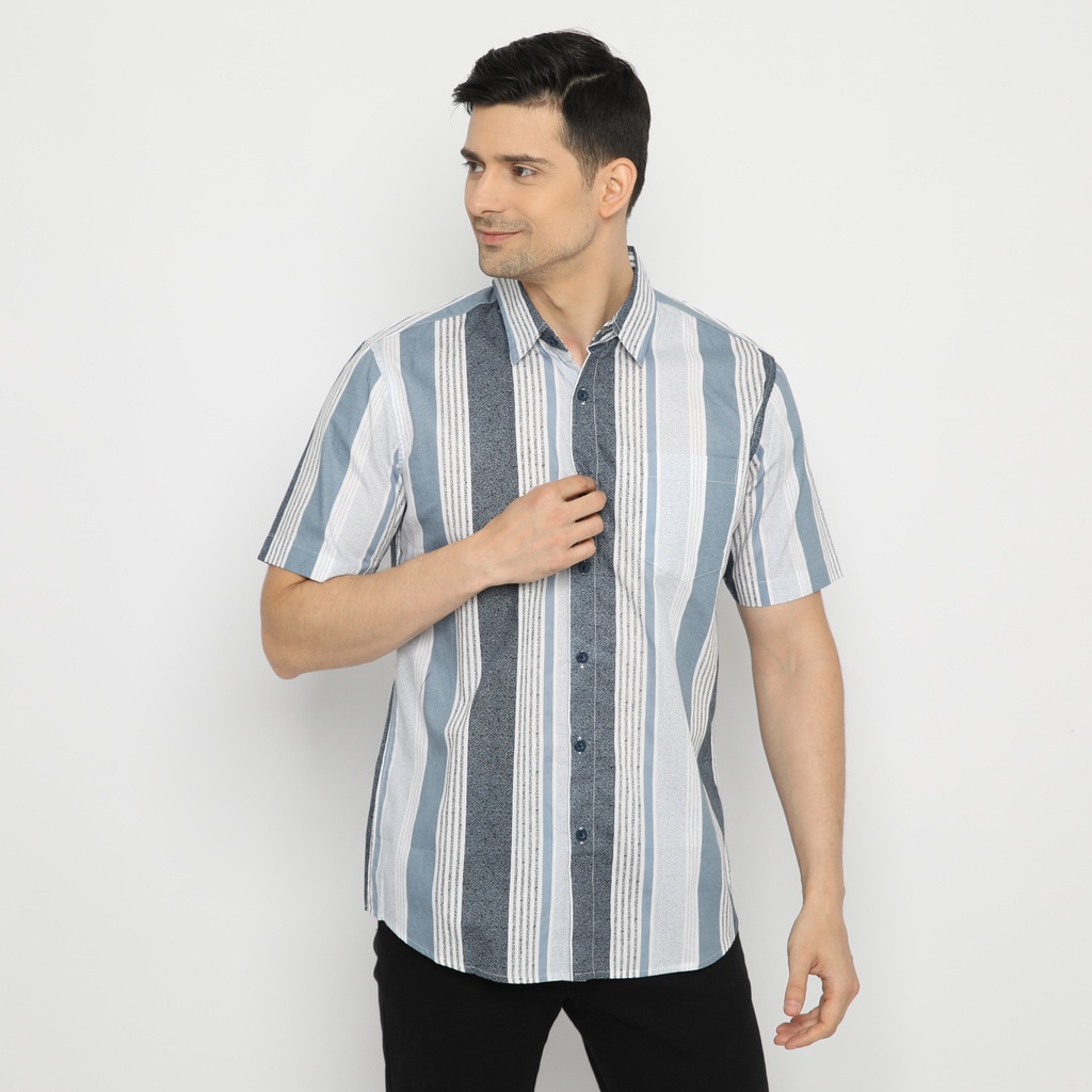 Jual Platini Kemeja Motif Salur Pria Lengan Pendek Katun Print Biru ...