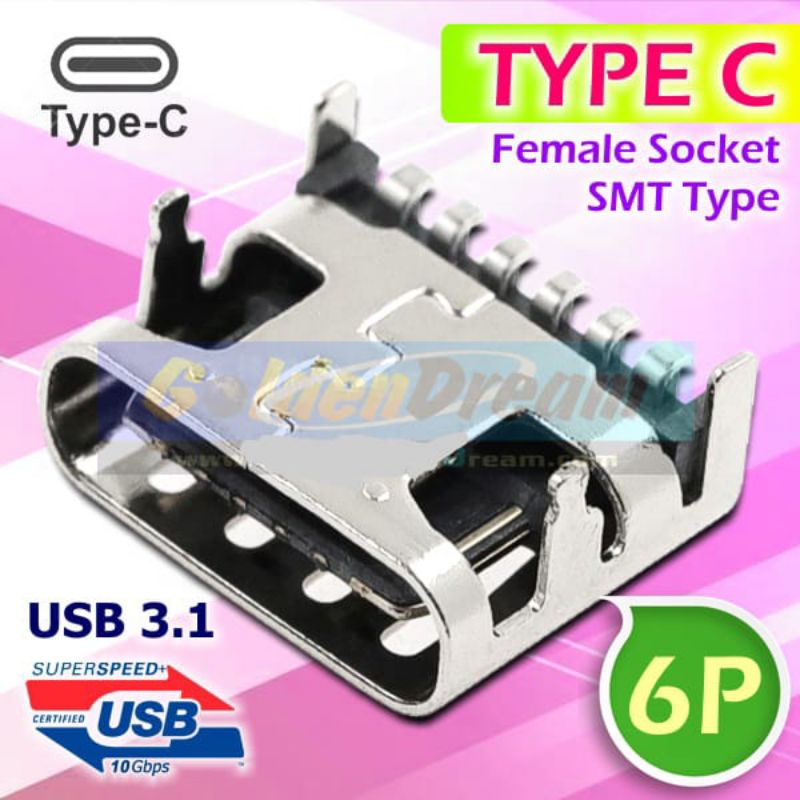 Jual Soket USB Type C 6P Connector Konektor USB-3.1 SMD 6 Pin Female ...