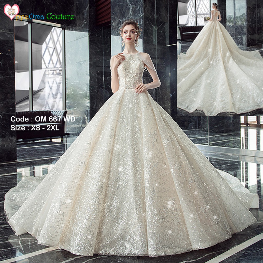 Jual Gaun pengantin berlian ekor model putri kerajaan eropa OM 667 WD ...