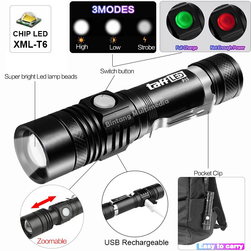Jual TaffLED Senter LED Cas USB Rechargeable XML T6 P15 Zoom Terang ...