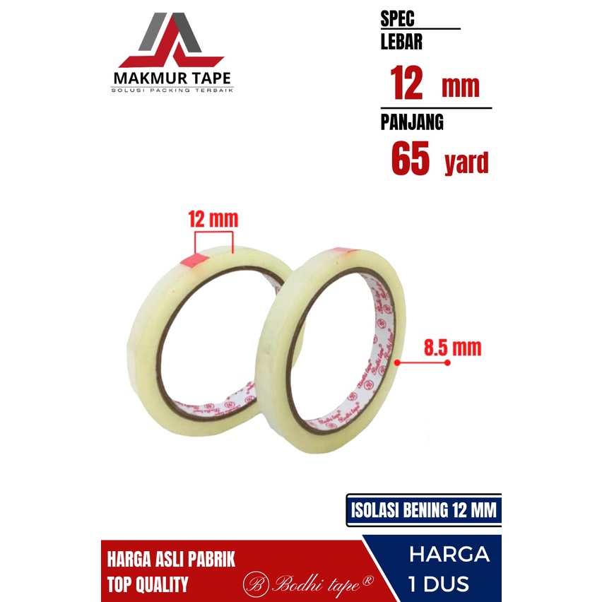 Jual ISOLASI / SELOTIP BENING BODHI TAPE UKURAN 12MM X 65YARD 1 DUS ...