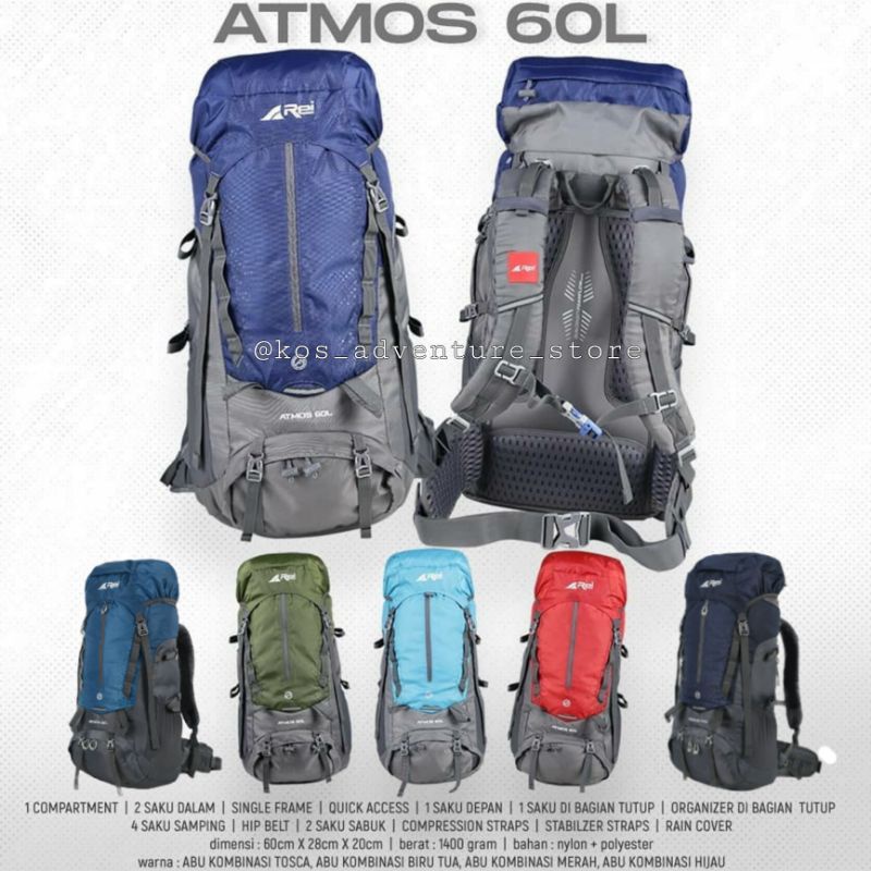 Jual TAS GUNUNG CARRIER AREI ATMOS 60L BONUS RAINCOVER/ TAS CARRIER REI ARMOS 60 LITER - AREI ...